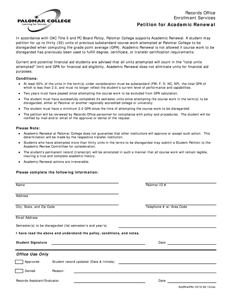 Fillable Online www2 palomar Fillable Online palomar In accordance with CAC Title 5 and ... Fax ...