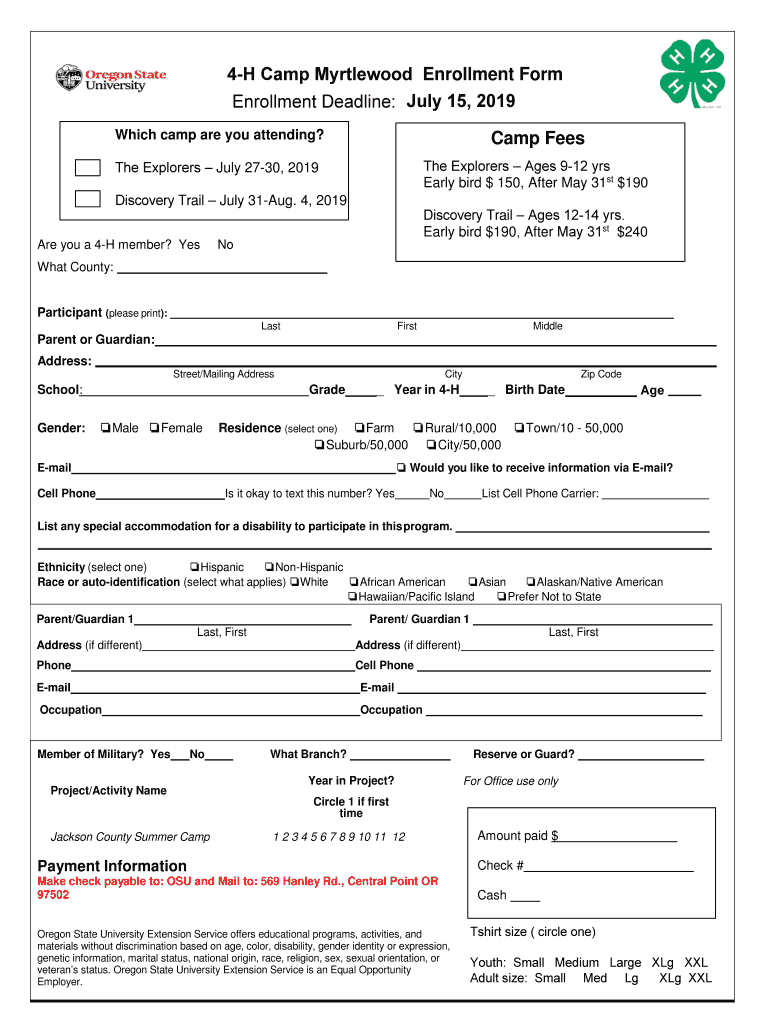 Fillable Online extension oregonstate 4-H Camp Myrtlewood Enrollment ...