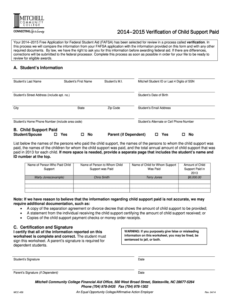 Fillable Online 20142015 Verification Worksheet - Art Academy of Cincinnati Fax Email Print ...