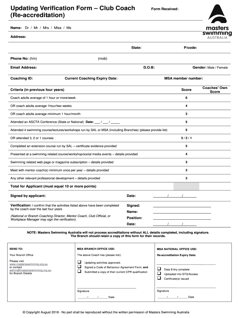 Fillable Online mastersswimming org Updating Verification Form Club ...