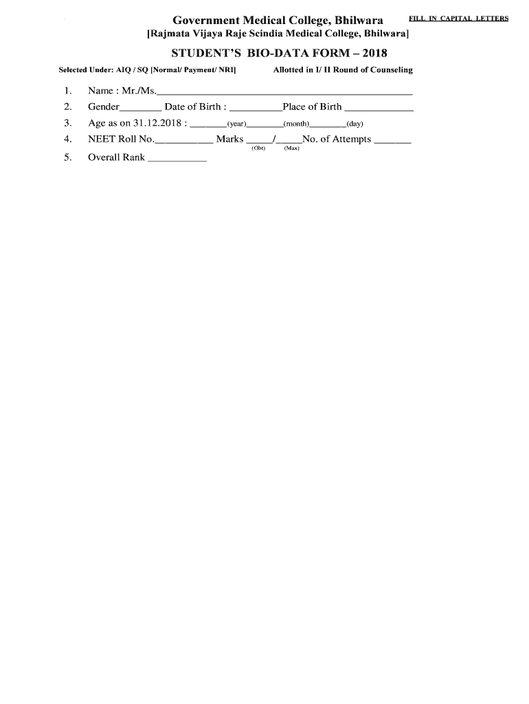 Fillable Online Government Medical College, Bhilwara STUDENT'S BIO-DATA ...