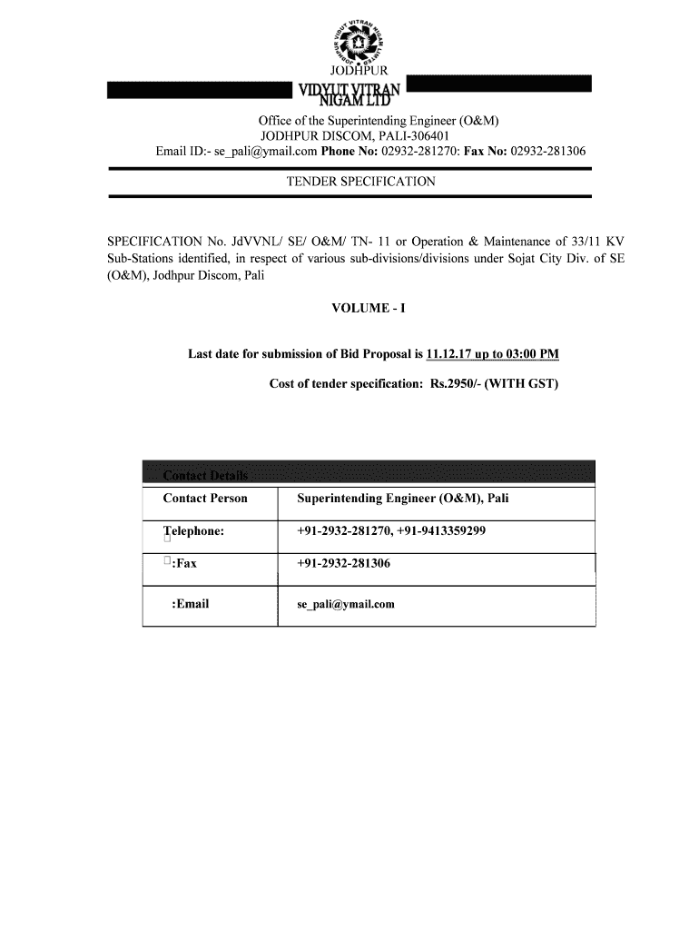 Fillable Online JODHPUR Office of the Superintending Engineer (O&M ...