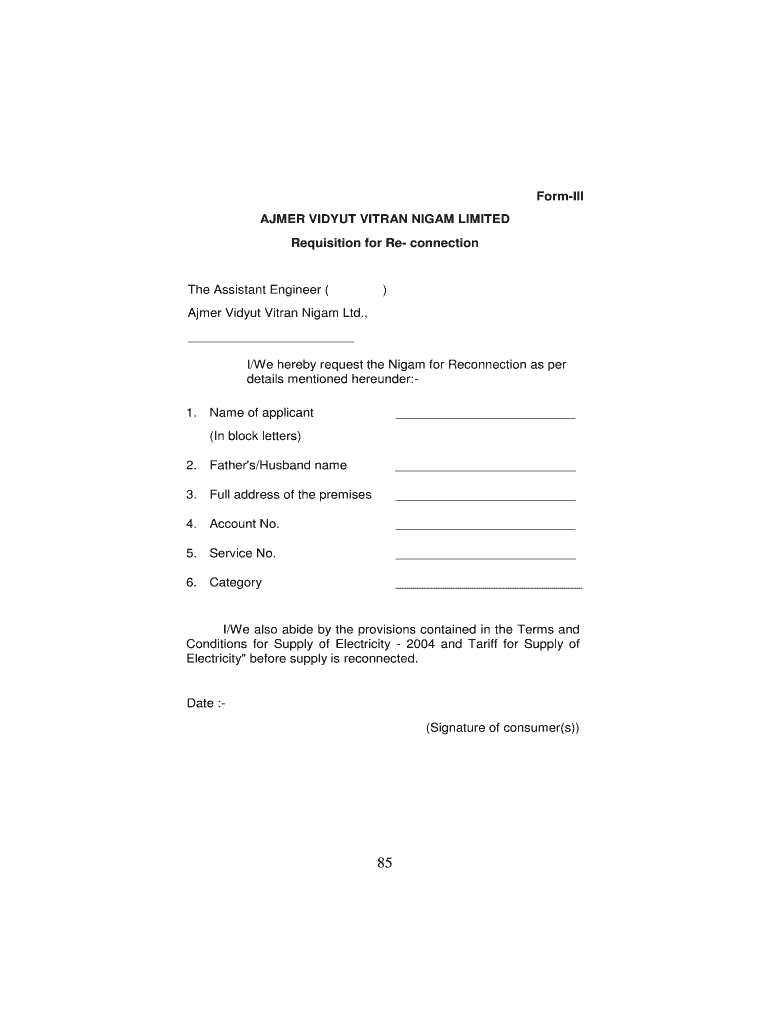 Fillable Online Form-III AJMER VIDYUT VITRAN NIGAM LIMITED Requisition ...