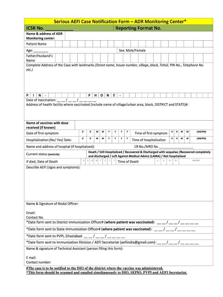 Fillable Online Serious AEFI Case Notification Form t ADR Monitoring ...