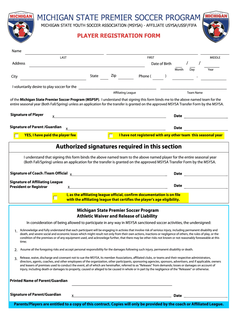 Fillable Online Fillable Online MSPSL Michigan State Premier Soccer ...