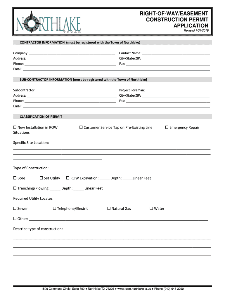Fillable Online RIGHT-OF-WAY/EASEMENT CONSTRUCTION PERMIT APPLICATION ...