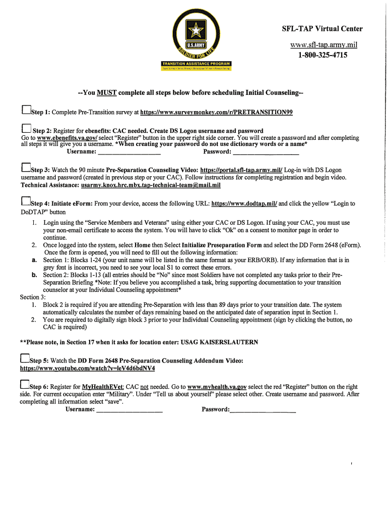 Fillable Online Soldier for Life - Transition Assistance Program (SFL ...