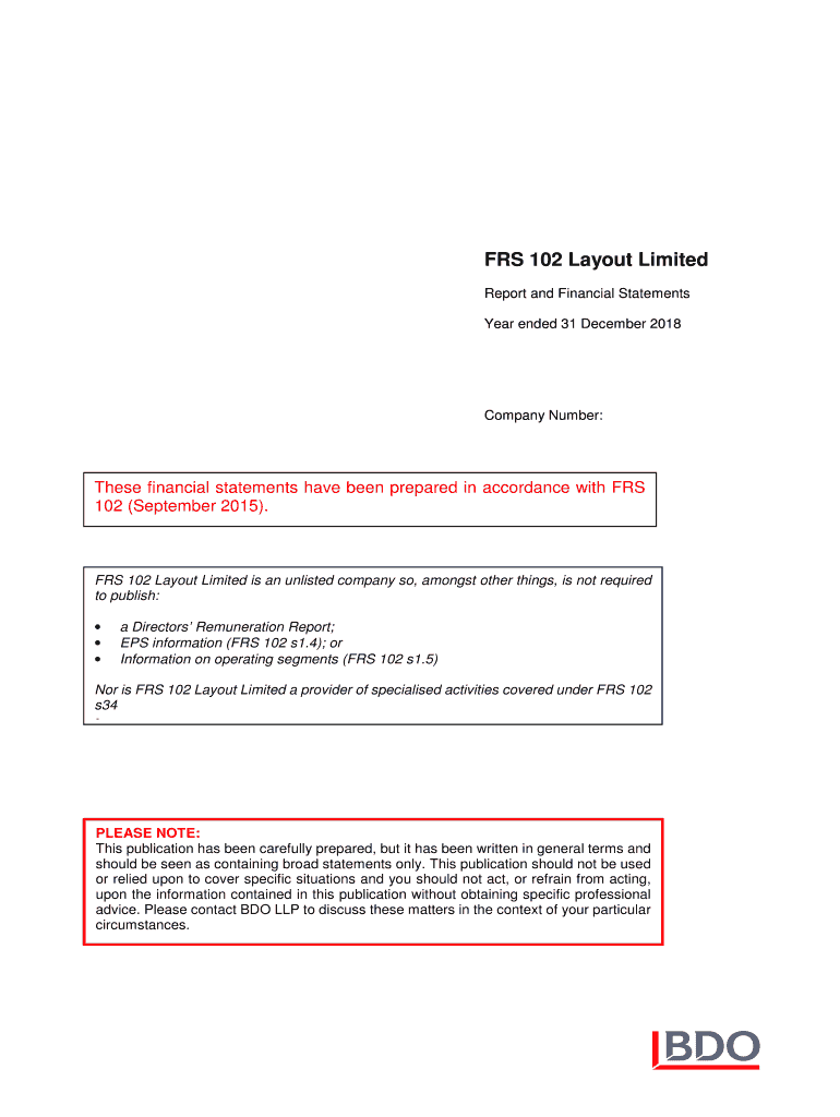 Fillable Online Limited Company FRS 102 Illustrative Financial ...