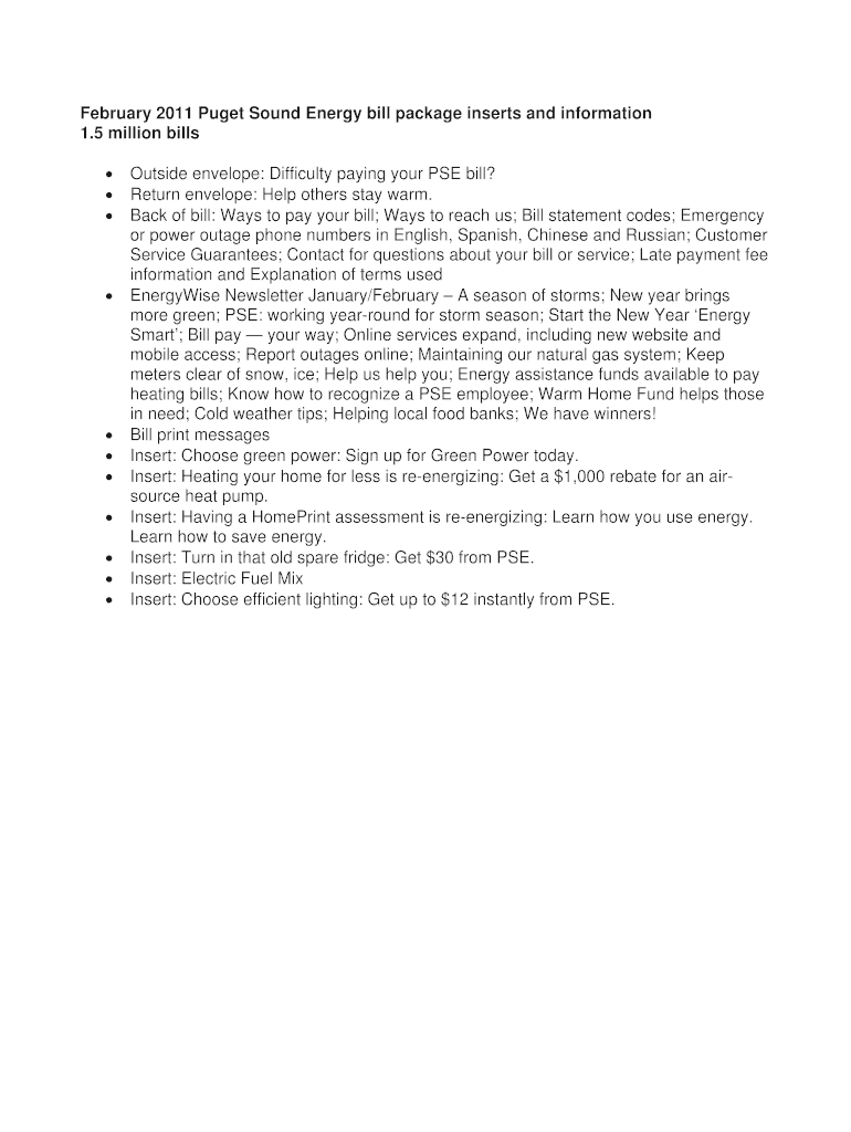 Fillable Online January 2011 customer bill package - Puget Sound Energy Fax Email Print - pdfFiller