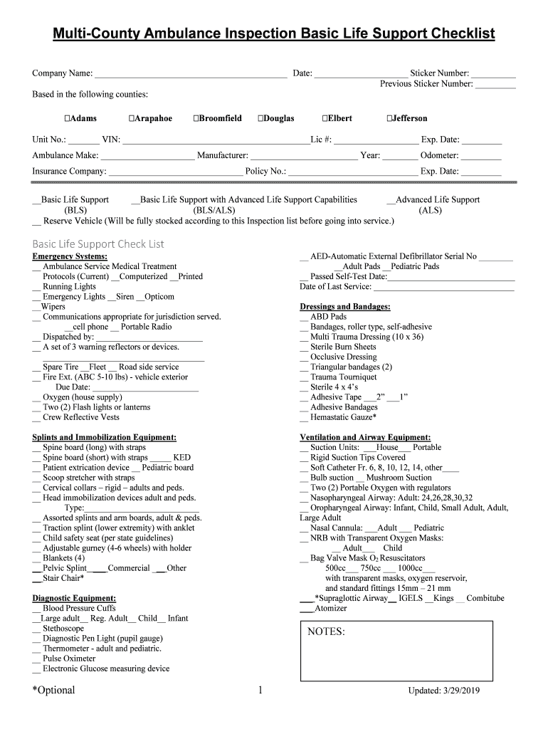 Fillable Online Multi-County Ambulance Inspection Checklist ...