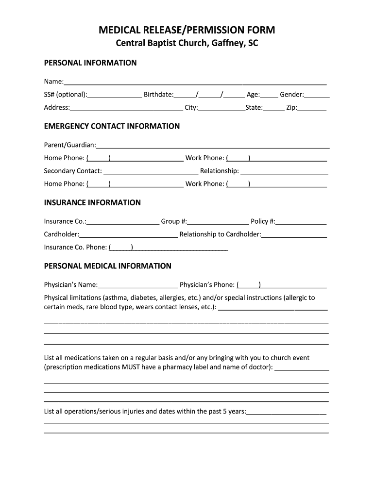 Fillable Online Medical Release Form/Permission to Treat - Central Baptist ... Fax Email Print ...
