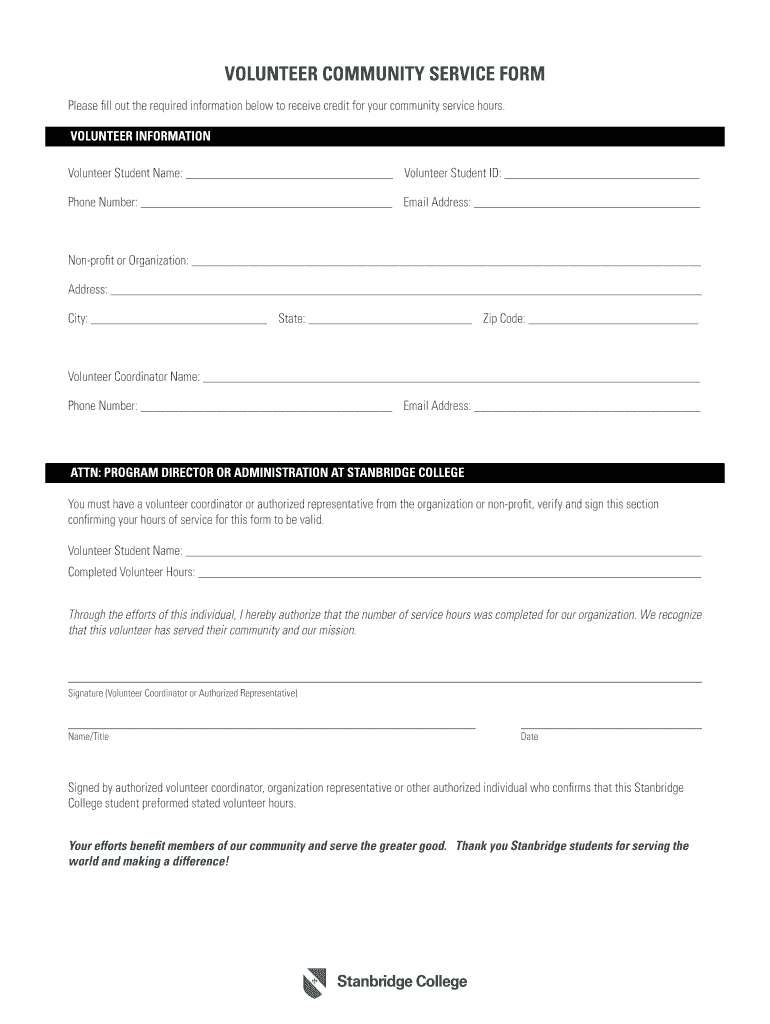Fillable Online VOLUNTEER COMMUNITY SERVICE FORM - blog.stanbridge.edu ...