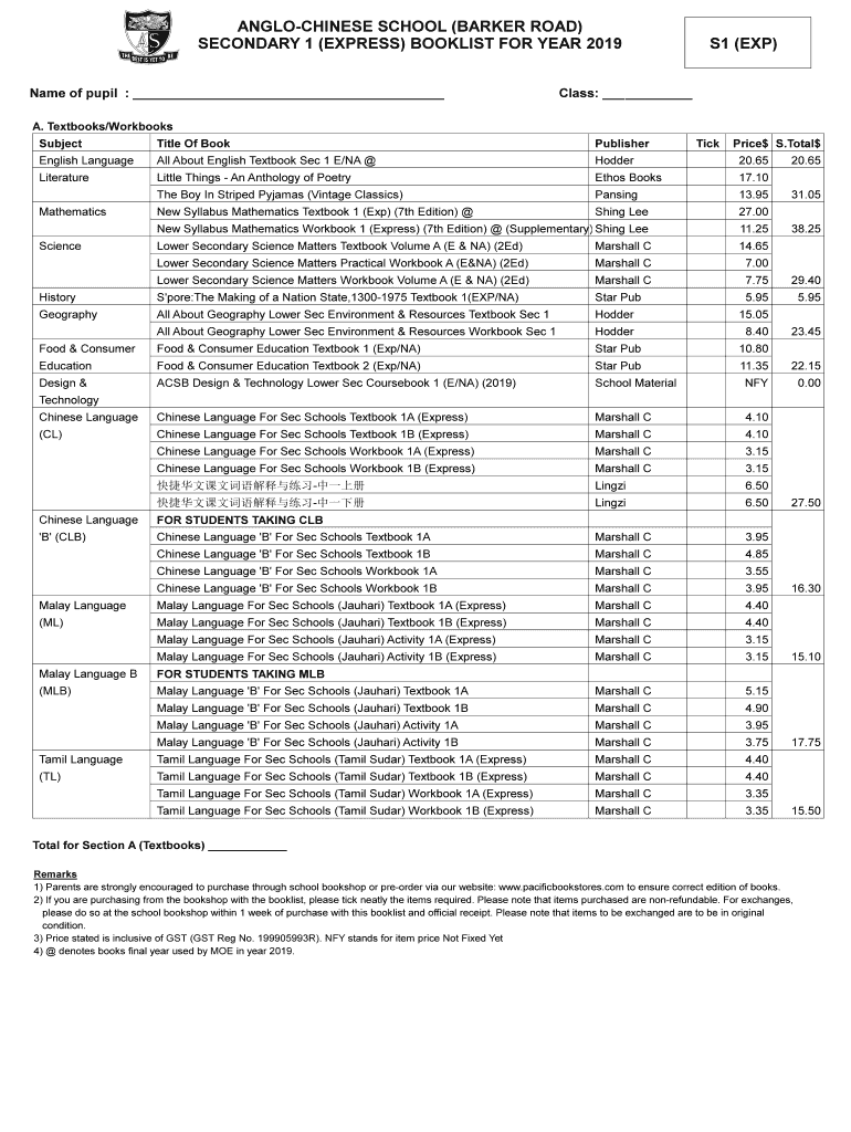 Fillable Online anglo-chinese school (barker road) secondary 1 (na ...
