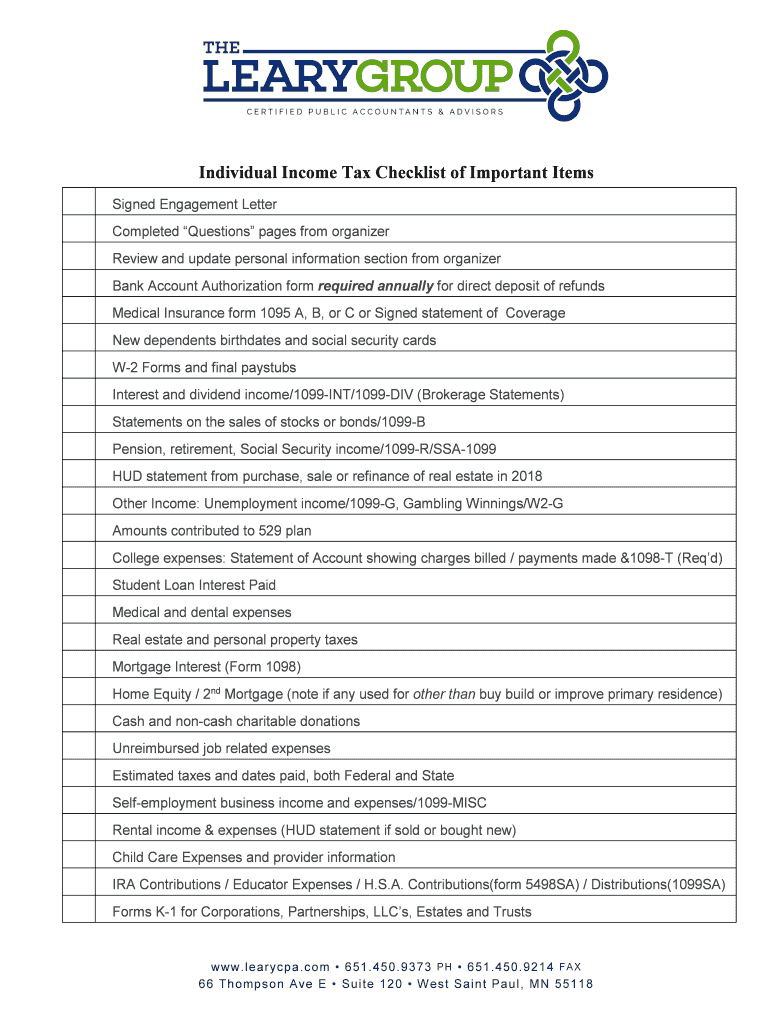 Fillable Online Individual Income Tax Checklist of Important Items Fax ...