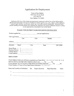Fillable Online Application for Employment - New Market, Virginia Fax ...