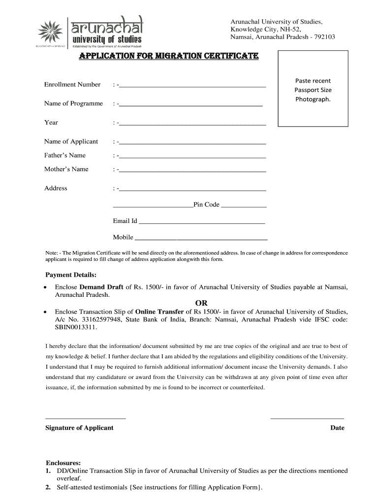 Application For Migration Certificate Arunachal University Of