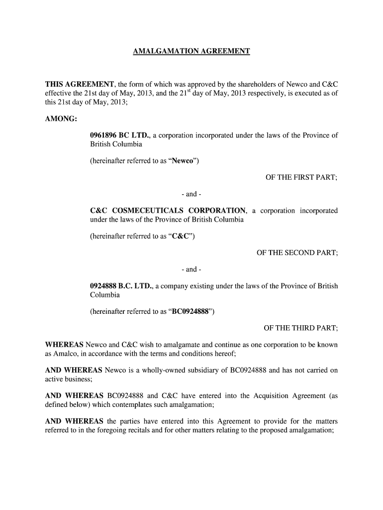 Fillable Online AMALGAMATION AGREEMENT THIS AGREEMENT, the form ... Fax ...