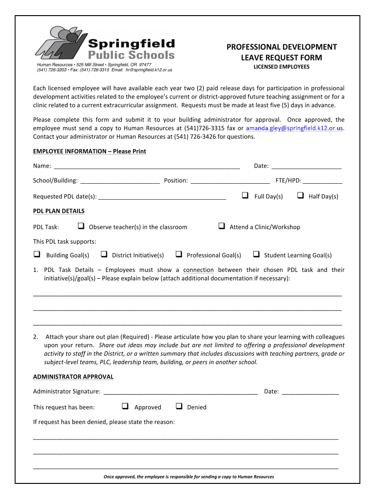Fillable Online shs springfield k12 or Professional Development Leave ...