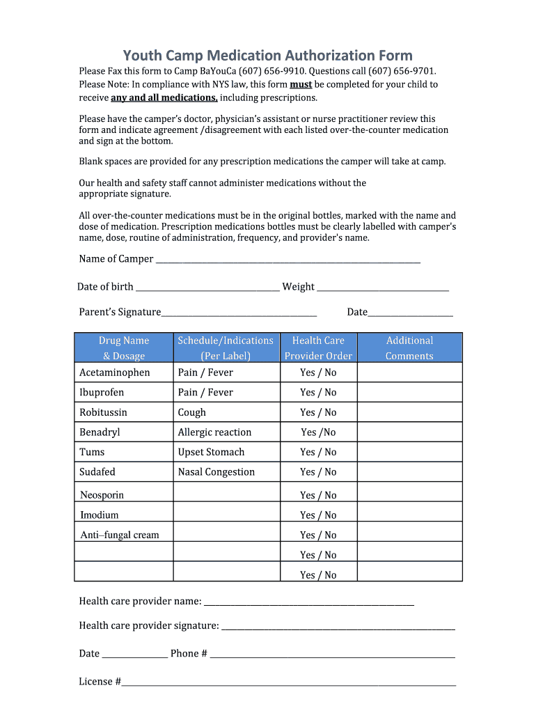 Fillable Online Youth Camp Medication Authorization Form - bayouca.com ...