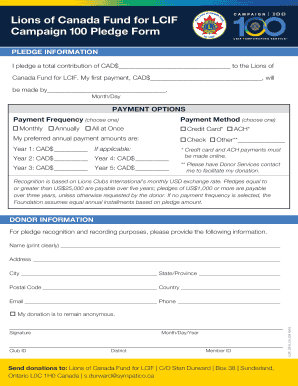 Fillable Online lions of Canada fund for lCIf Campaign 100 Pledge form ...