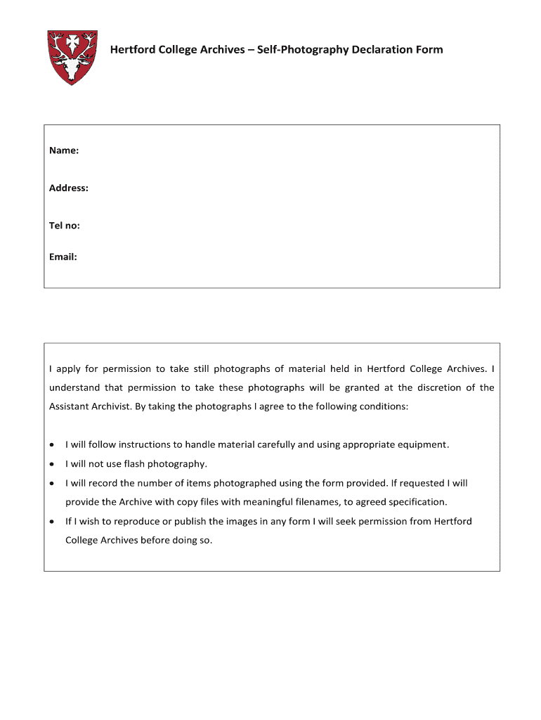 Fillable Online Hertford College Archives Self-Photography Declaration ...
