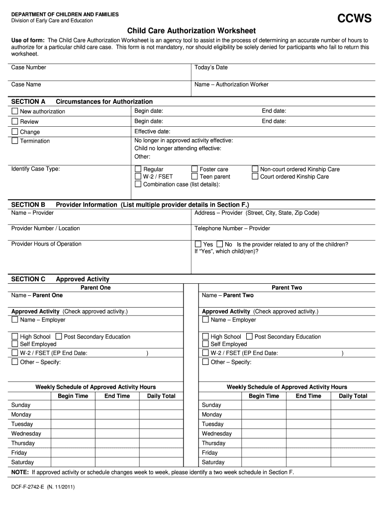 Fillable Online Child Care Authorization Worksheet - Wisconsin ...