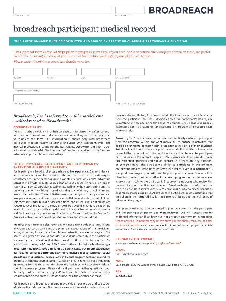 Fillable Online Fillable Online broadreach participant medical record ...