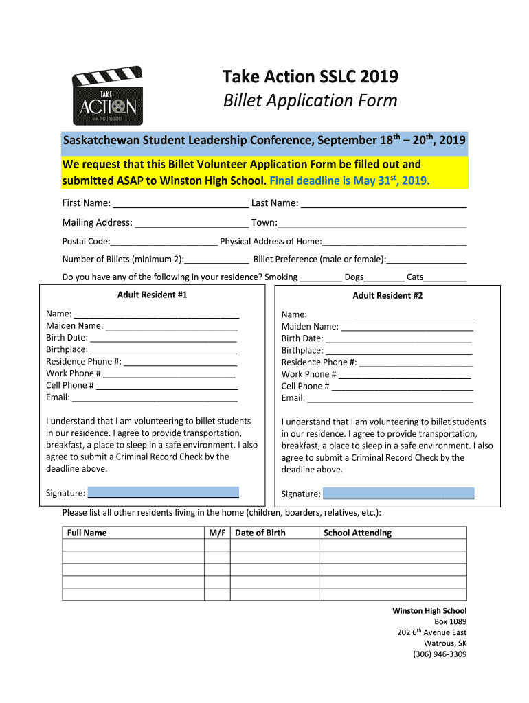 Fillable Online Take Action SSLC 2019 Billet Application Form Fax Email ...