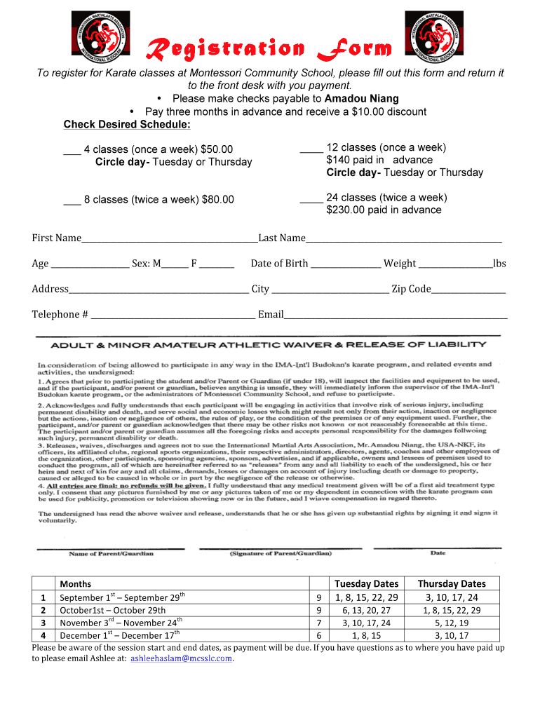 Fillable Online Karate Information and Registration Form - Montessori ...
