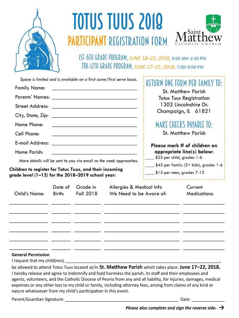 Fillable Online Totus Tuus Registration - Saint Mark Catholic Church ...