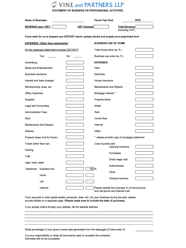 Fillable Online STATEMENT OF BUSINESS OR PROFESSIONAL ACTIVITIES Name ...