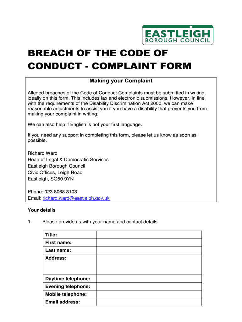 Fillable Online BREACH OF THE CODE OF CONDUCT - COMPLAINT FORM Fax ...