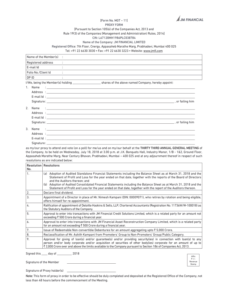 Fillable Online Form No. MGT 11 PROXY FORM Pursuant ... - JM Financial ...