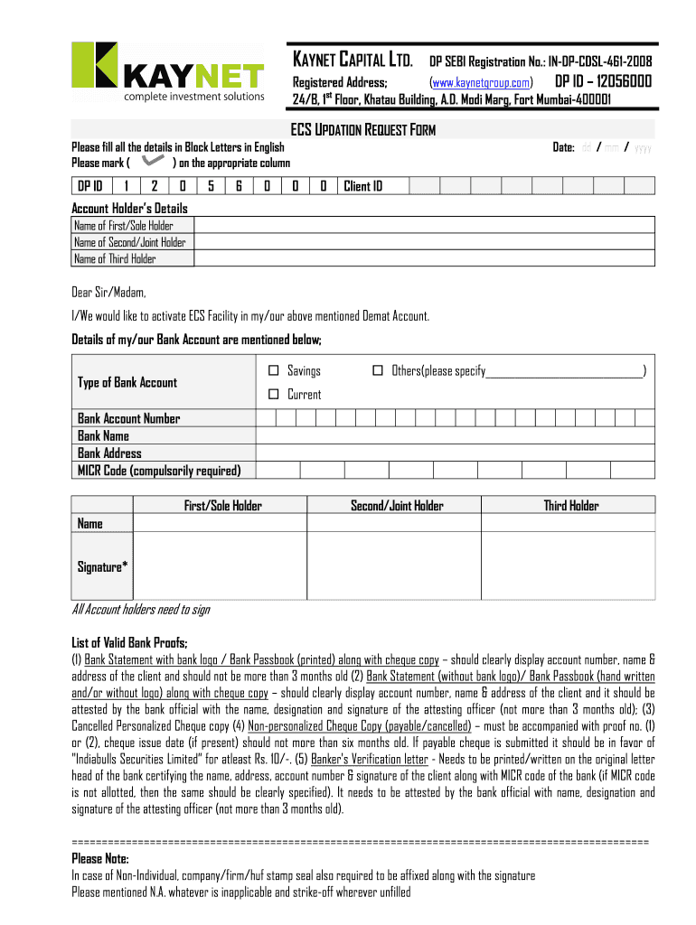 Fillable Online ECS Updation Request Form Fax Email Print - pdfFiller