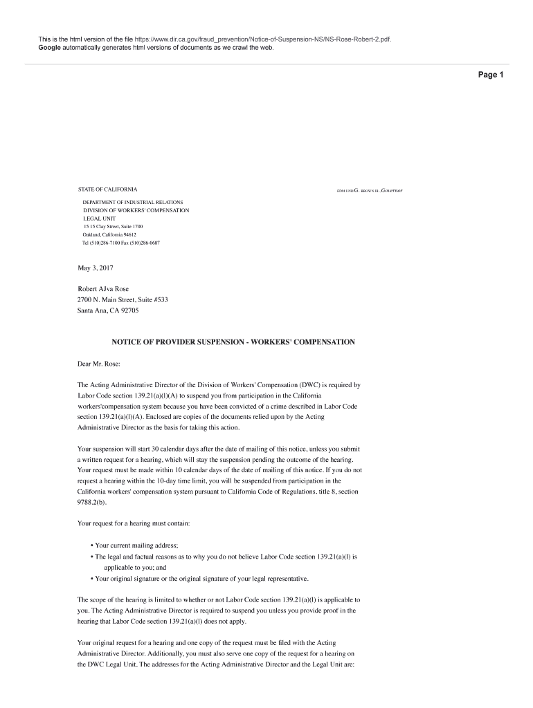 Fillable Online notice of provider suspension - workers ... - The ...