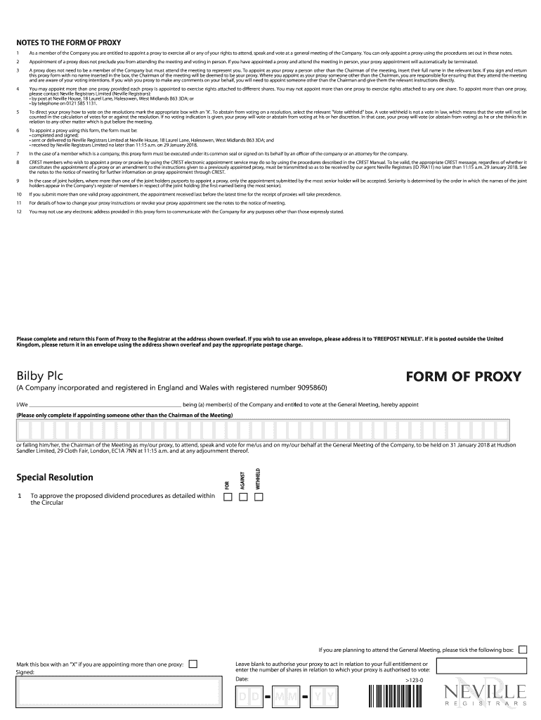 Fillable Online FORM OF PROXY - Bilby Plc Fax Email Print - pdfFiller