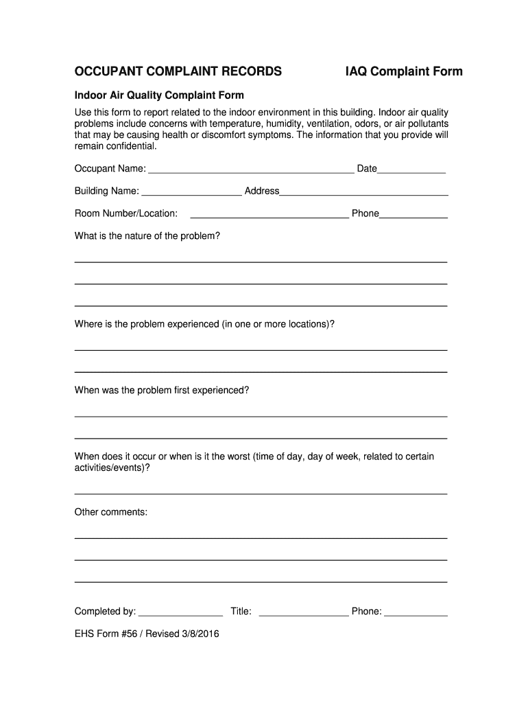 Fillable Online Indoor Air Quality Complaint Form - epa.gov Fax Email ...