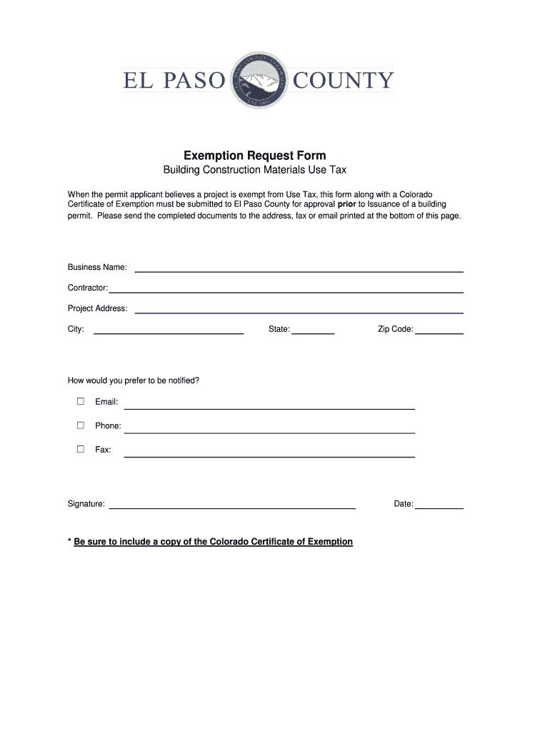 Fillable Online Use Tax Exemption Request Form - El Paso County ... Fax ...