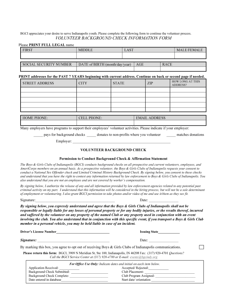 Fillable Online VOLUNTEER BACKGROUND CHECK INFORMATION FORM Fax Email ...