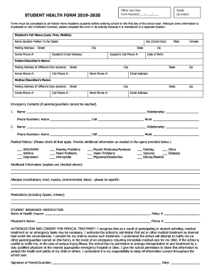 Fillable Online STUDENT HEALTH FORM 2019-2020 Fax Email Print - pdfFiller