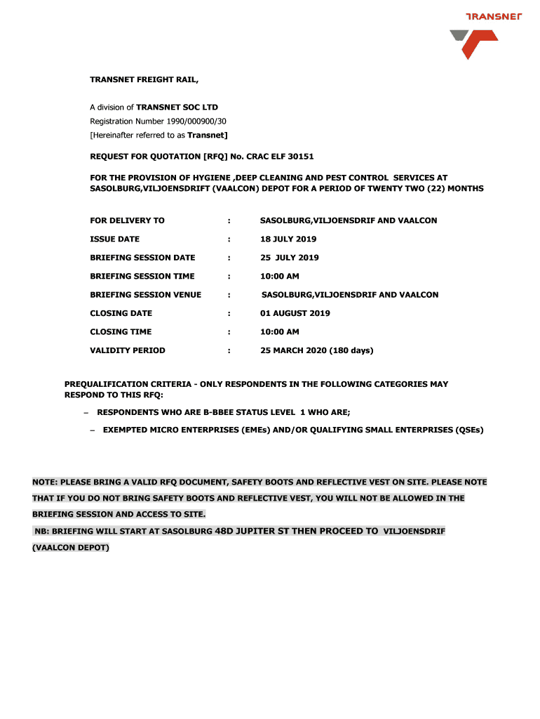 Fillable Online TRANSNET FREIGHT RAIL, a division of TRANSNET SOC LTD ...