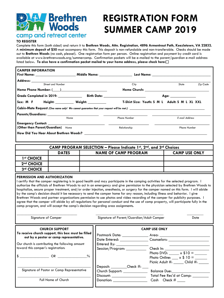 Fillable Online Camper Forms and Packing Lists - Brethren Woods Camp ...