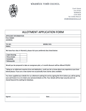 Fillable Online ALLOTMENT APPLICATION FORM - warwicktowncouncil.gov.uk ...