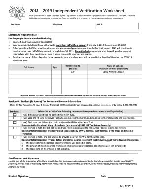 Fillable Online 20182019 Independent Verification Worksheet. 20182019 Independent Verification ...