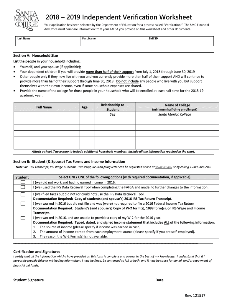 Fillable Online 20182019 Independent Verification Worksheet. 20182019 Independent Verification ...