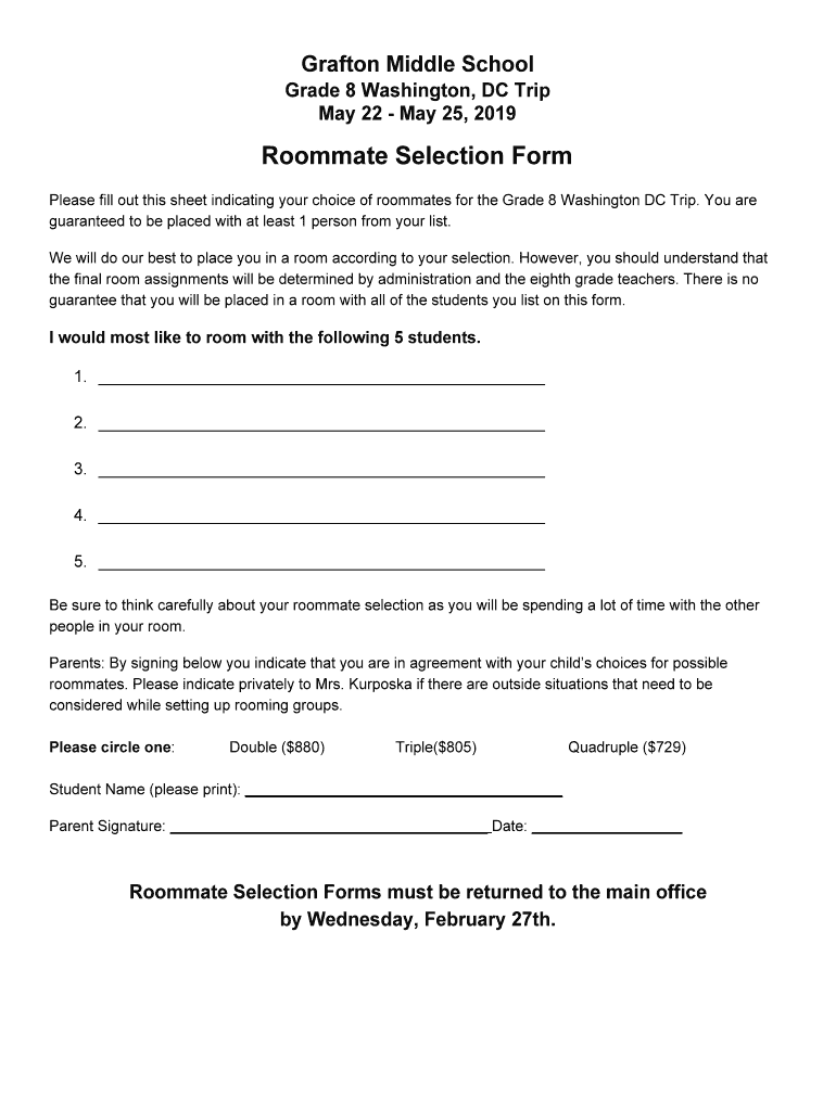 Fillable Online Roommate Selection Form - Grafton Public Schools Fax Email Print - pdfFiller