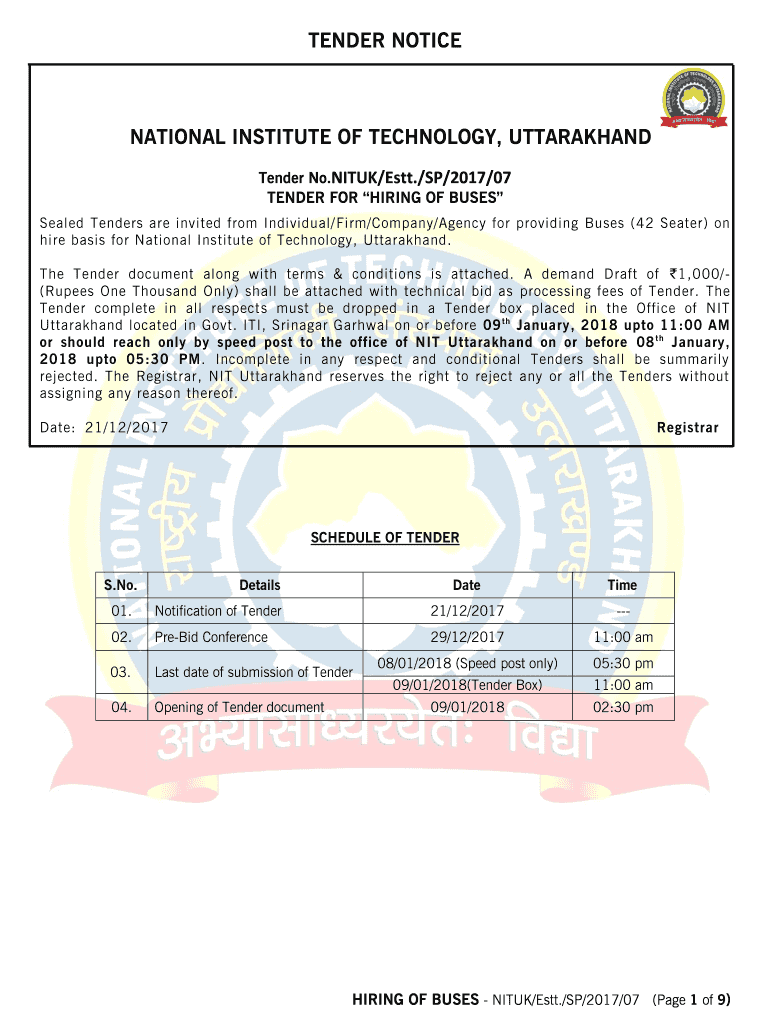 Fillable Online nituk ac tender notice national institute of technology ...