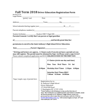 Fillable Online Fall Term 2018 Driver Education Registration Form Fax ...
