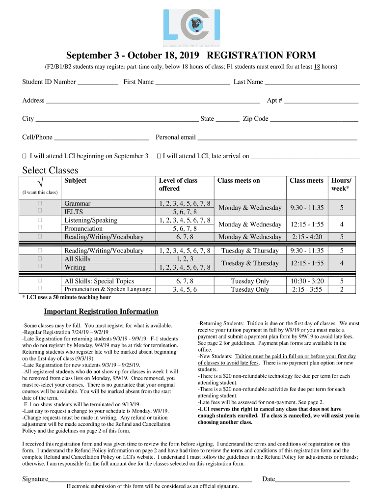 Fillable Online September 3 - October 18, 2019 REGISTRATION FORM Fax ...
