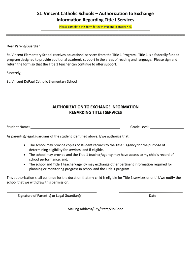 Fillable Online St. Vincent Catholic Schools Authorization to Exchange ...